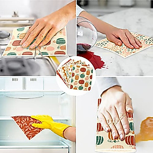 Whaline 6Pcs Thanksgiving Swedish Dishcloths Fall Harvest Boho Kitchen Dish Towel Pumpkin Maple Leaf Reusable Washable Cotton Cloth for Autumn Kitchen Washing Counter Cleaning, 6.7 x 7.7 Inch