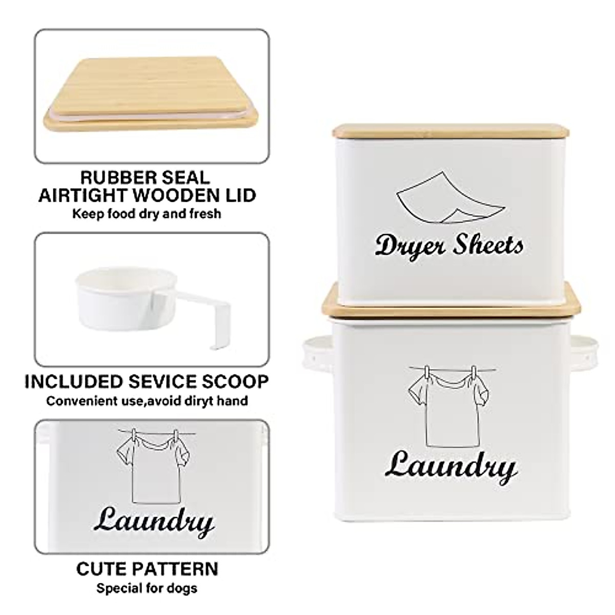 Xbopetda Set of Laundry Powder Bin & Dryer Sheets Holder, Laundry Detergent Powder Storage Box with Scoop, Wooden Lid & Handles, Metal Laundry Dryer Sheet Dispenser for Laundry Room Decor-White