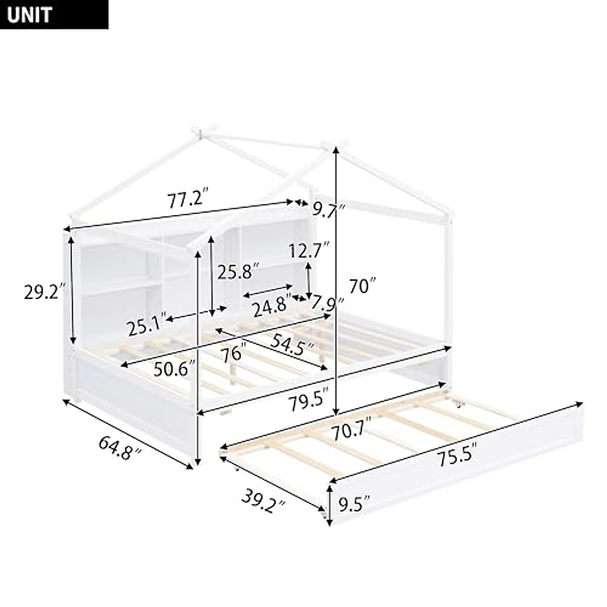 DEYOBED Full Size House Bed with Storage Shelves and Twin Size Trundle, Wooden Full Playhouse Bed, Canopy Bed, House Shape Bed Frame for Kids Boys Girls, No Box Spring Needed, Brushed White