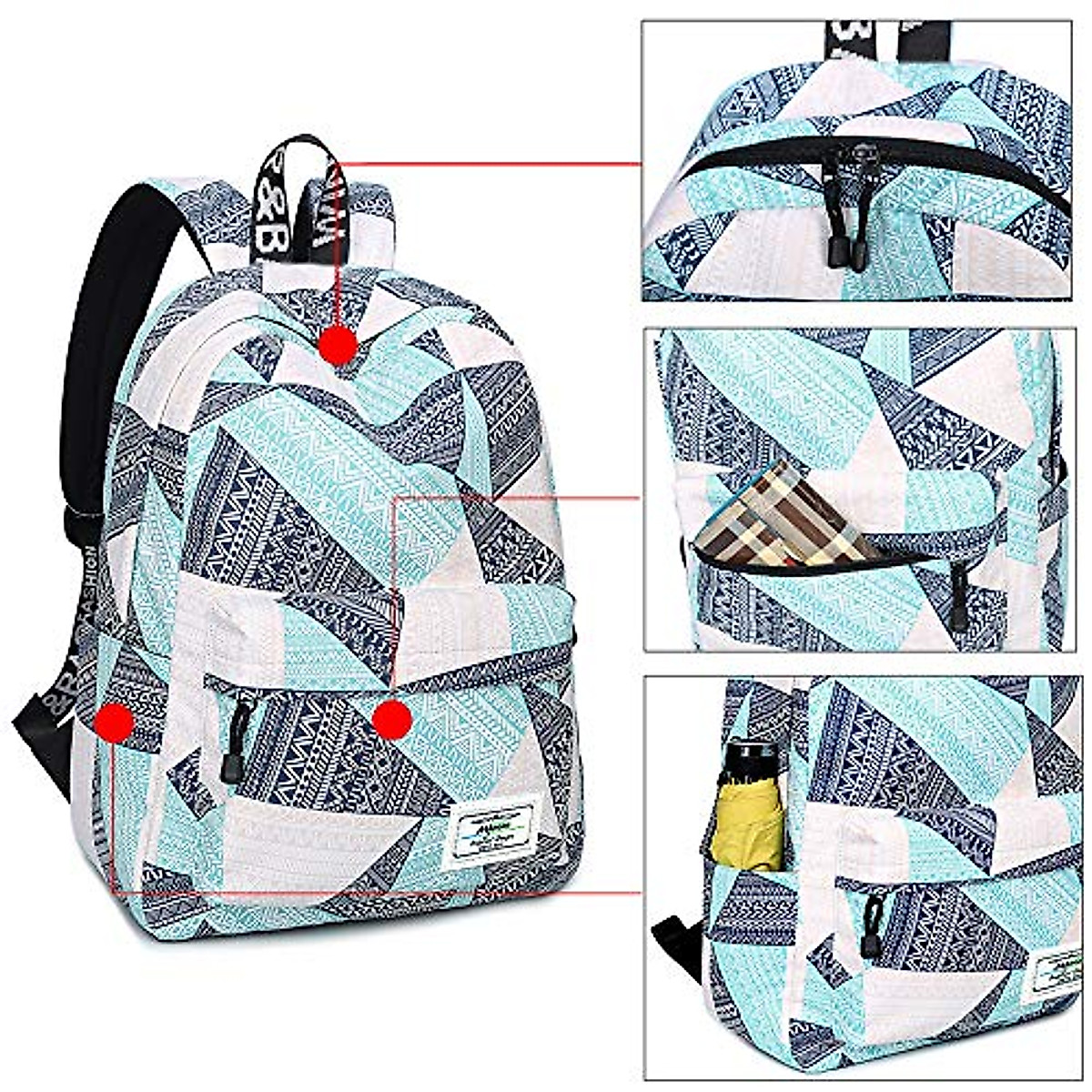mygreen Backpack for Teens, Fashion Geometric Pattern Laptop Backpack College Bags Shoulder Bag Daypack Bookbags Travel Bag Blue&Green&Orange