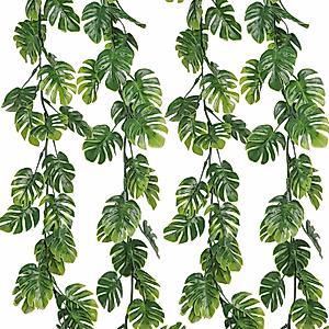 RECUTMS 4Pcs Artificial Monstera Leaves Vines, 5.9FT Fake Hanging Plant Ivy Faux Tropical Palm Leaf Greenery Garland for Garden Porch Patio Jungle Luau Beach Birthday Party Indoor Outdoor Spring Décor