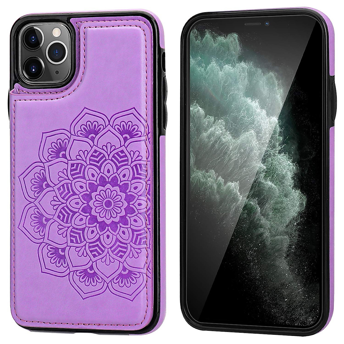 Vaburs for iPhone 11 Pro Max Case Wallet with Card Holder, Embossed Mandala Pattern Premium PU Leather Double Magnetic Buttons Flip Shockproof Protective Cover for iPhone 11 Pro Max 6.5 Inch(Purple)