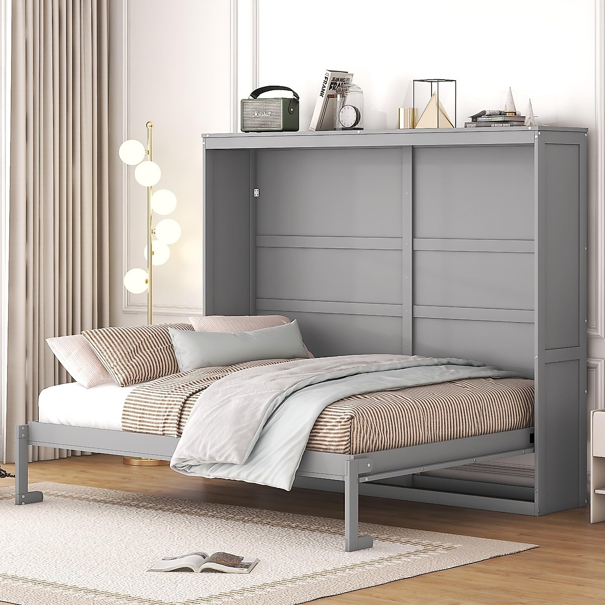 BIADNBZ Queen Size Murphy Cabinet Bed, can be Folded, Wooden Platform Bedframe, Space Saving, for Bedroom Living Room, Gray
