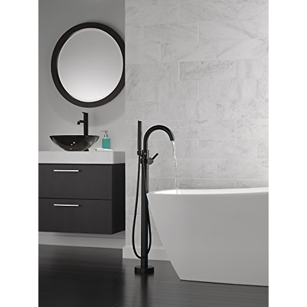 Delta Faucet Trinsic Floor-Mount Freestanding Tub Filler with Hand Held Shower, Matte Black T4759-BLFL (Valve Not Included)