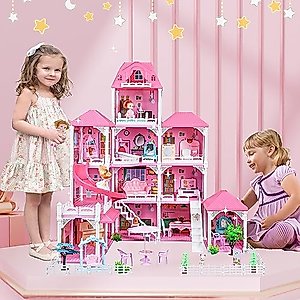 Ymrzed Doll House - Dream House Furniture Pink Girl Toys 4 Story 12 Rooms with 2 Dolls Toy Figures Kids Dollhouse Giant Doll House for Girls Gift Toy for Kids Ages 3 4 5 6 7 8 9+