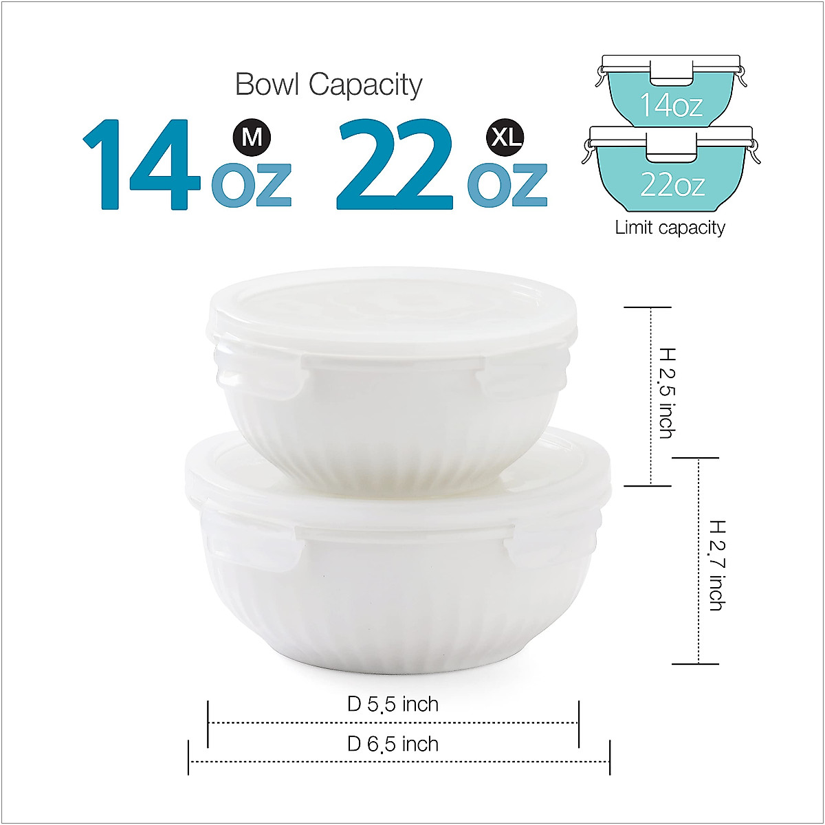 ZEN Pleats Porcelain Serve and Store Airtight Container 14&22oz Bowls Set of 2 (White)