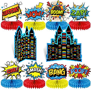 Set of 10 Hero Themed Party Decoration hero Honeycomb Centerpieces Hero Action Sign Table Centerpiece Fun Hero Theme Party Table Topper Decor for Happy Birthday Baby Shower Party Supplies Favor