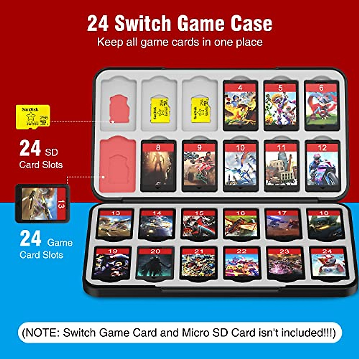 EUROA Switch Game Card Case for Switch/OLED/Lite,Portable Switch Game Holder with 24 Games Cartridge Slot&24 Micro SD Card Storage, Travel Accessories Switch Game Case, Protective Hard Shell, Black