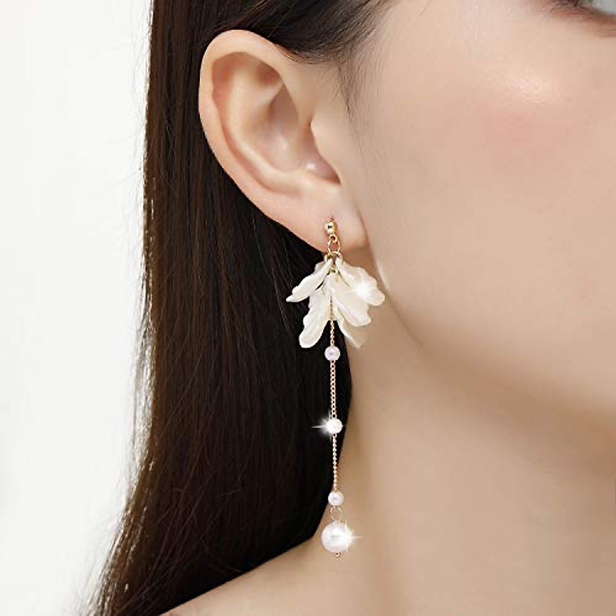 KRUCKEL White Pressed Flower Dangle Earrings | Golden Studs with Pearl like Drops | Hypoallergenic, Lightweight Jewelry for Women | Sparkle at Birthday, Anniversary, Graduation, Wedding