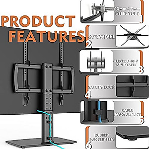 Universal Swivel TV Stand/Base Table Top TV Stand 27 to 60 inch TVs 80 Degree Swivel, 4 Level Height Adjustable, Heavy Duty Tempered Glass Base, Holds up to 99lbs Screens, HT04B-001