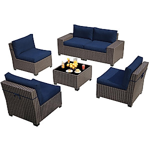 IDEALHOUSE 6 Pieces Outdoor Patio Sectional Sofa Couch, Brown PE Wicker Furniture Conversation Sets with Navy Blue Cushions & Glass Coffee Table for Garden, Poolside, Backyard (Square)