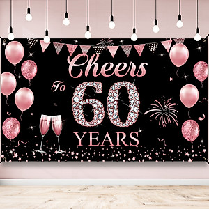 Happy 60th Birthday Decorations for Women, Cheers to 60 Years Backdrop Banner, Rose Gold 60 Birthday Party Yard Sign Poster Supplies, 60th Anniversary Decorations for Outdoor Indoor, Vicycaty