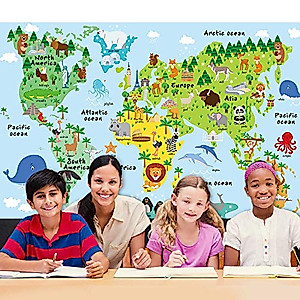 World Map Backdrop Animal Landmarks World Map Tapestry for Kids Educational Cartoon Animals World Background Wall Hanging for Nursery Bedroom Living Room Classroom Dorm or Animals Party Decorations