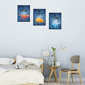 Apicoture Dinosaur Wall Art - Navy Blue Orange Funny Jurassic Dinosaur World Paintings Canvas Wall Art Brave Happy Cartoon Quotes Pictures For Kids Room Wall Framed, 12"X16"X3 Panels