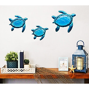 ShabbyDecor Coastal Ocean Sea Metal Turtle Hanging Wall Art Decor for Garden Patio Pool Outdoor or Indoor Set of 3