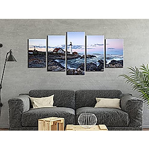 Wieco Art Portland Lighthouse 5 Panels Modern Canvas Prints Artwork Seascape Pictures to Photo Paintings on Stretched and Framed Canvas Wall Art Décor for Living Room Bedroom Home Decorations