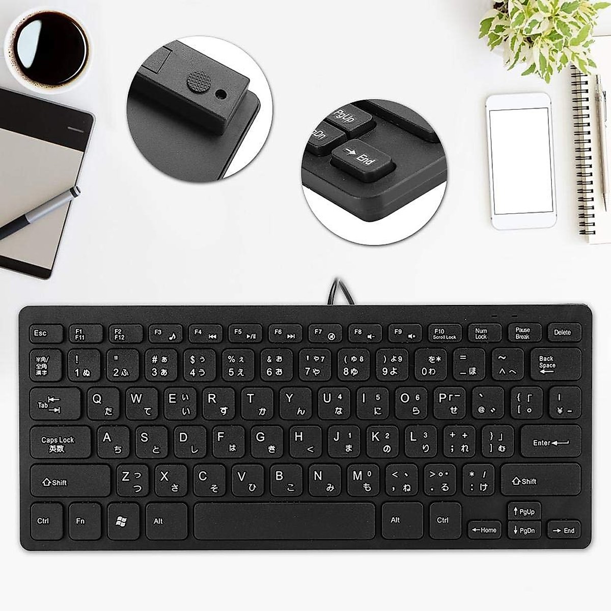 Wired Mini Japanese Keyboard,USB Interface Keyboard with White Japanese Lettering for Computer, Mute Ultra-Thin 78 Key Japanese English Black USB Wired Computer Keyboard(Black)
