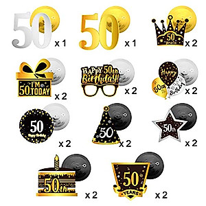 30 Pieces 50th Birthday Party Hanging Swirl Decorations, Black Golden Silver Happy 50th Party Cake Glasses Balloons Sign Foil Swirls Ceiling Decorations for Men and Women 50 Years Old