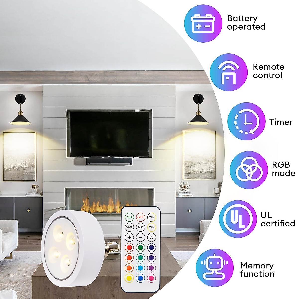 7PMBEANE Black Battery Operated Wall Sconce, Industrial Wall Sconce Set of 2, 13 RGB Cordless or Hardwired Wall Light Fixturewith Remote for Bedroom, Living Room, Hallway