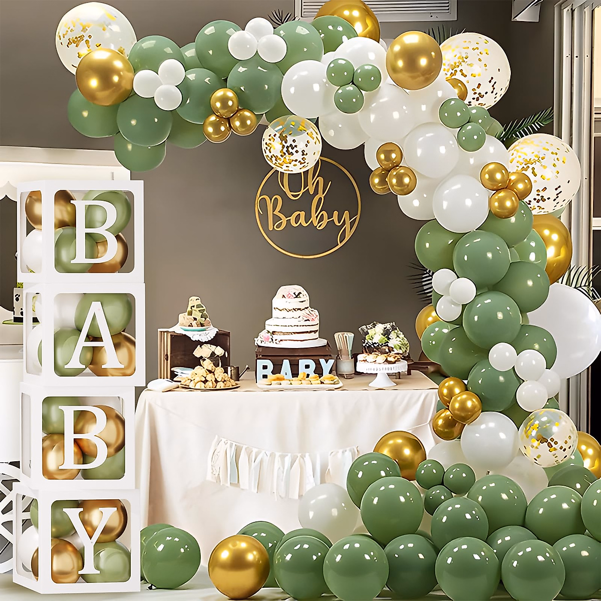 Baby Shower Decorations for Boy Girl - 183pcs Sage Green Balloon Arch Kit and Baby Boxes with Letters for Baby Shower Birthday Jungle Safari Dinosaur Party Supplies