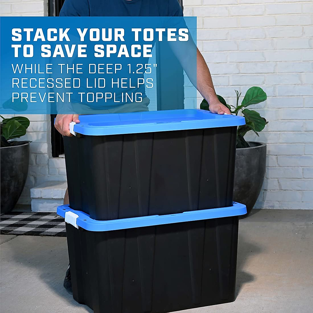 27 Gallon Heavy Duty Latching Plastic Storage Bin Container, Durable Stackable Storage Container With Lid Plastic Storage Box Tote Crate for Garage Storage, Moving Boxes, Black, Set of 4