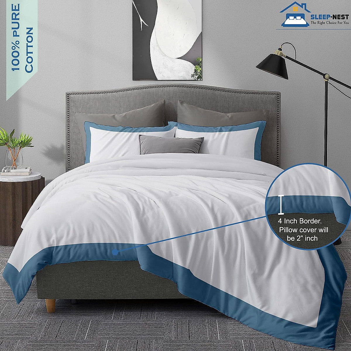SLEEP-NEST Dual Tone Duvet Cover Set Cal-King 105"x93" Long Staple 100% Egyptian Cotton - 3 Piece Shading Design 600TC Covers with Zipper Closure, Two Color Duvet Cover Soft, (White + Medium Blue)