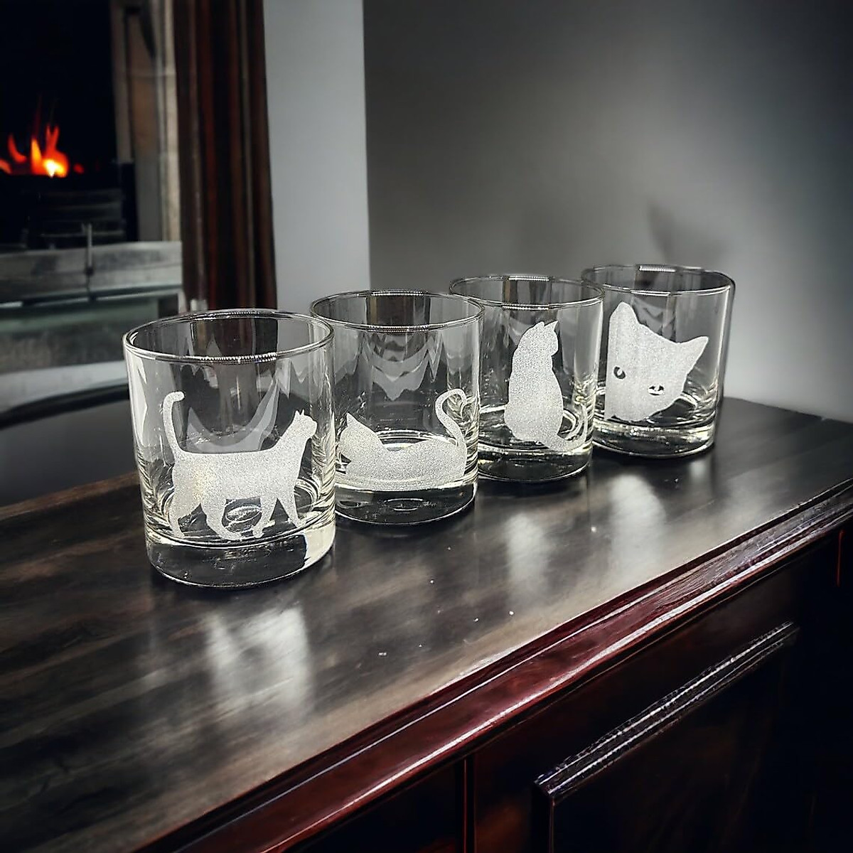 Brindle Southern Farms Cute Cats Being Cats Rocks Glasses: 4 Engraved 10oz. Rocks Drinking Glasses: cat lover, cat decor, cat mom