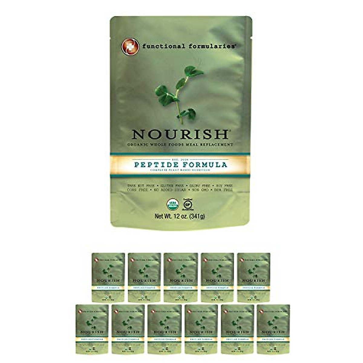Functional Formularies Nourish Peptide Organic Tube Feeding Formula and Nutritional Meal Replacement Supplement, 12 Oz Pouch, Pack of 12