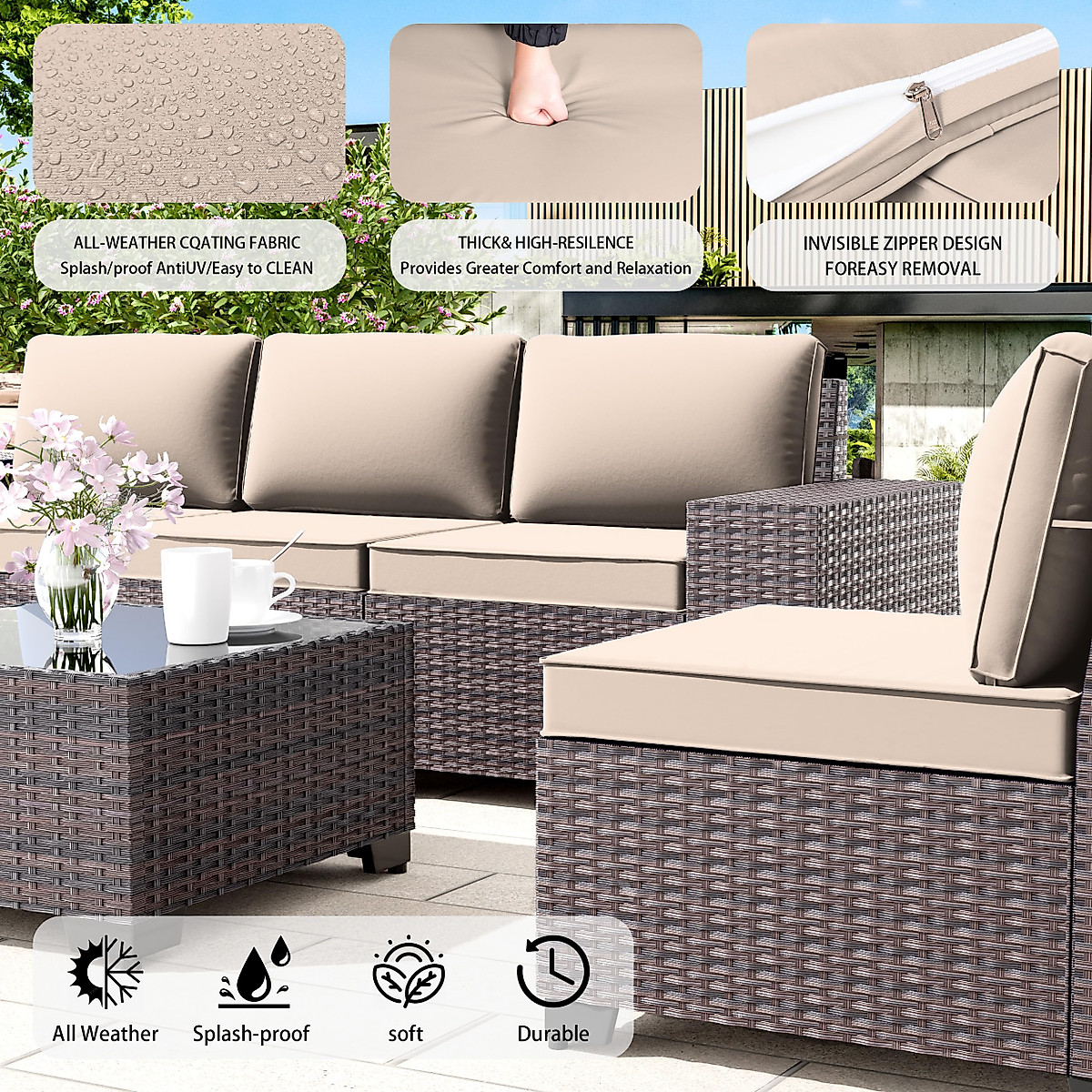 RTDTD Outdoor Patio Furniture Set, 6 Pieces Outdoor Furniture All Weather Patio Sectional Sofa PE Wicker Modular Conversation Sets with Coffee Table,5 Chairs & Seat Clips(Brown)