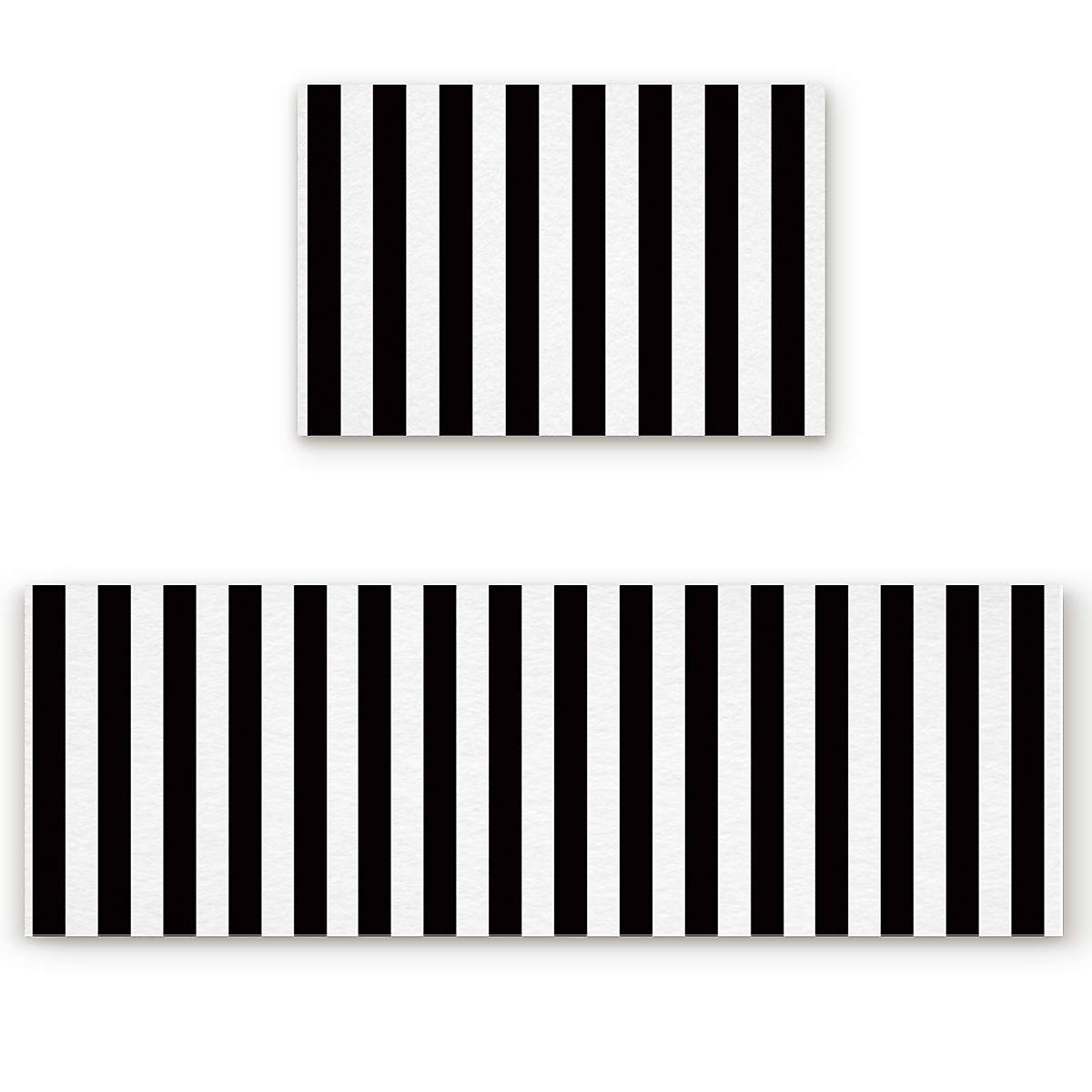 Black White Stripes Kitchen Rugs and Mats Set of 2, Washable Floor Doormat Comfort Area Runner Rug Non-Slip Rubber Backing for Indoor Classic Modern Striped