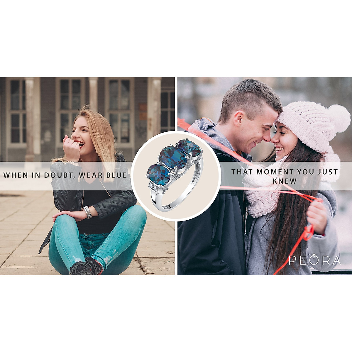 PEORA Created Alexandrite and Genuine Diamond Three Stone Triune Ring for Women 14K White Gold, 2.75 Carats total Oval Shape 7x5mm, Size 6