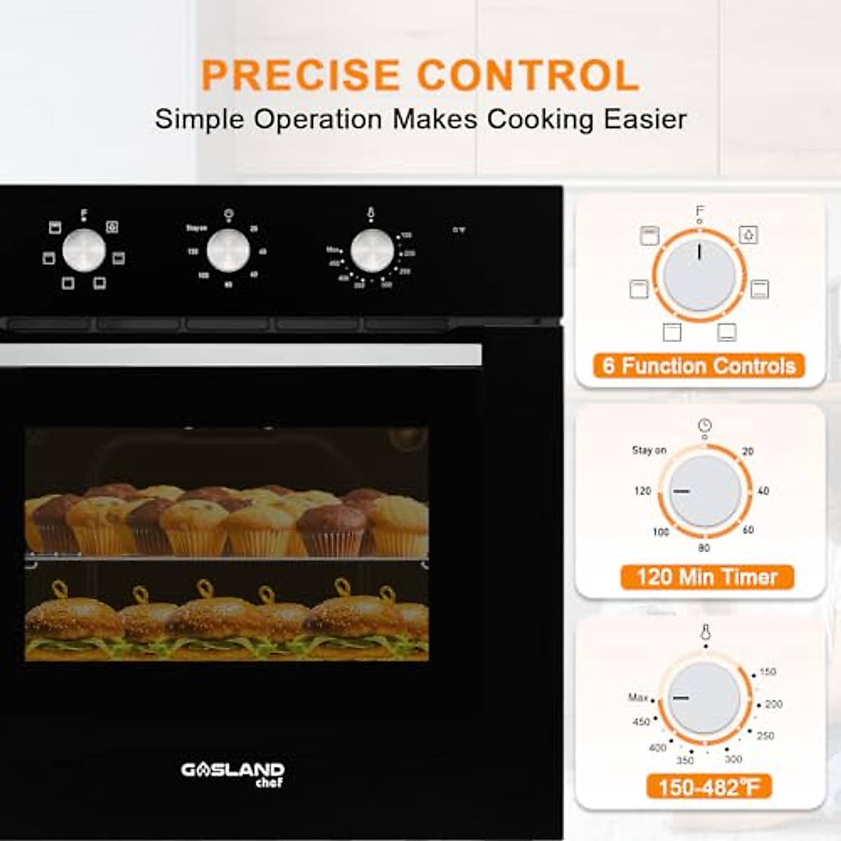 GASLAND 24 Inch Single Wall Oven, 24'' Built-in Electric Ovens, 240V 3240W 2.3Cu.ft 5 Cooking Functions of Grill Conventional Timer, CSA Approved, Black Glass