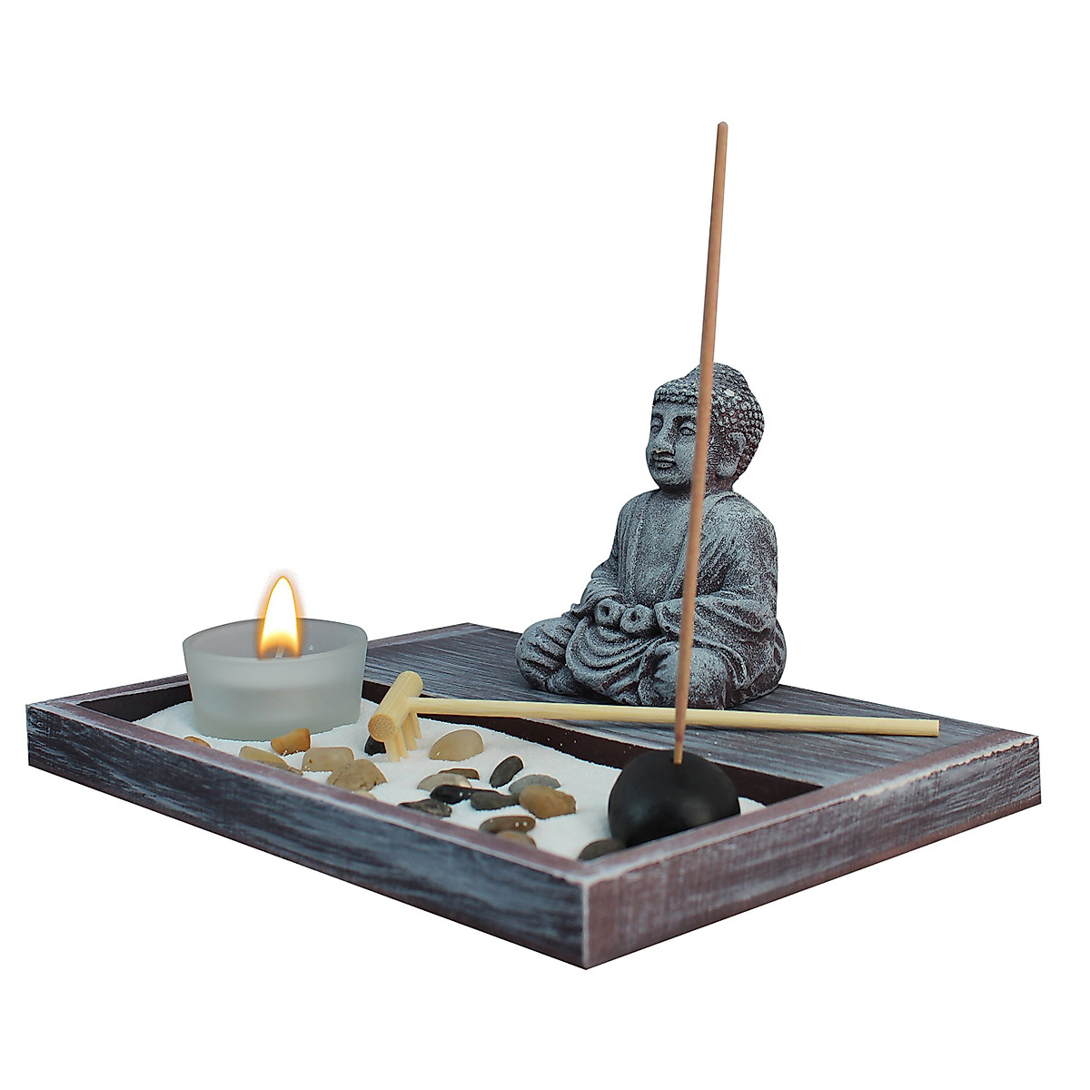Zen Garden Deluxe Desk Meditation Garden Grey Buddha Statue with Rocks, Tea Light Holder, Rake, Incense and Incense Holder, Sand and Base - Peace & Tranquility (Candle Not Included)