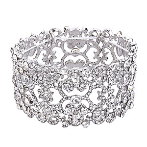 EVER FAITH Women's Austrian Crystal Bride Heart Art Deco Elastic Stretch Bracelet Clear Silver-Tone