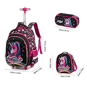3 PCs Rolling Backpack with Lunch Bag Pencil Case, 16 inch Lightweight Roller Backpacks for Girls Elementary, PU Leather Backpack with Wheels for School Travel, 4+ years old, Black Unicorn