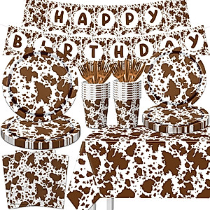Highland Cow Decorations, 142Pcs Cow Print Plates and Napkins Party Supplies, Brown Cow Birthday Party Decorations Tableware Cups Tablecloth for Cow Baby Shower Farm Cowboy Theme Party