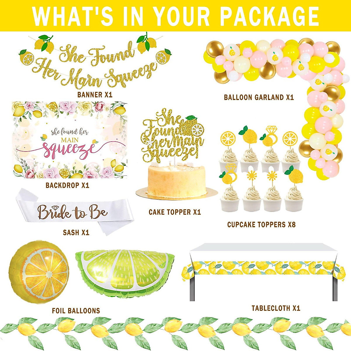 Fiesec Lemon Bridal Shower Decorations, She Find Her Main Squeeze Bachelorette Party Decorations Backdrop Balloon Garland Glitter Banner Tablecloth Cake Cupcake Topper Sash Ring Gold Yellow