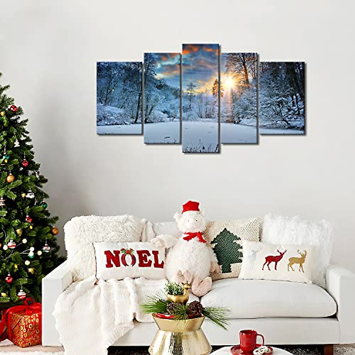 Modern Canvas Painting Wall Art Snowfield Winter Snow Forest Tree Sunrise sunset Landscape Mountain & Tree Print on Canvas Artwork Wall Decor (B)