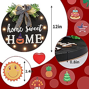 Interchangeable Welcome Sign for Front Door with 14 Changeable Icons, Farmhouse Front Porch Decor Rustic Wooden Wall Sign with 12 LED Lights, Outdoor Seasonal Welcome Home Decorations (Black1)