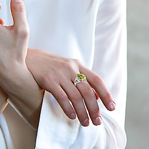 DALEGEM Natural Oval Green Epidote Quartz Crystal Jade Jasper Stone Ring for Women ,S925 Sterling Silver Edged with Flower Vine Oval Thick Natural Genuine Color Colorful Quartz Crystal Gemstone Engagement Wedding Turkish Turkey Stone Ring Jewelry (Ring_B,