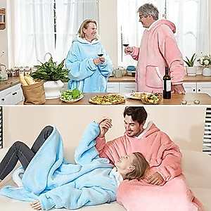 EHEYCIGA Wearable Blanket Hoodie with Pockets and Sleeves, Flannel Fleece Hooded Blanket for Women Men Adults and Kids, Pink, Extended Oversize