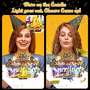 BYKOOO Birthday Card | Musical Pop Up Birthday Cards w Light | Blow Out LED Light Candle & Play Happy Birthday Music Pop Up Card | Greeting Cards Gifts for Him or Her | Black Gold (Blowable Candle)