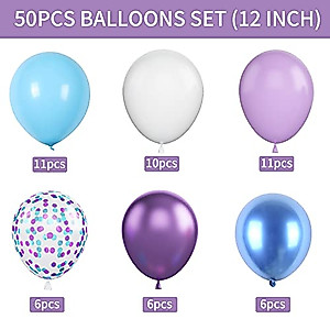 Blue and Purple Balloons Set, 50 PCS Blue 12 Inch Mermaid Balloons, Metallic Purple Blue White Latex Balloons Confetti Helium Balloons for Girls Mermaid Birthday Party Baby Shower Winter Supplies
