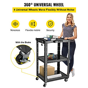 VEVOR Steel AV Cart, 24-42" Height Adjustable Media Cart with Electric Power Cord, 24 x 32 Presentation Cart with 3 Shelves, 150 LBS Rolling Projector Cart with and 2 Brakes Suitable for Load-Bearing