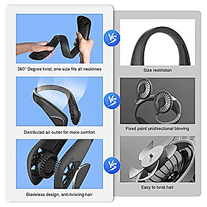 VEAHOOT Bladeless Neck Fan, Hands Free Battery Operated Fans Rechargeable,5000mAh Personal Portable Fan with 360° Cooling,3 Speeds Travel Sports Fan for Outdoor&Indoor(Black)