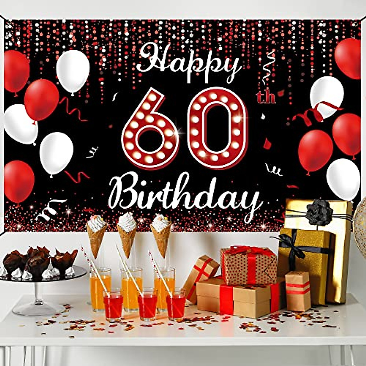 60th Birthday Decoration Banner Backdrop, Happy 60th Birthday Decorations for Women, Red Black White 60 Years Old Birthday Party Photo Booth Props, 60 Birthday Sign for Outdoor Indoor, Fabric Vicycaty