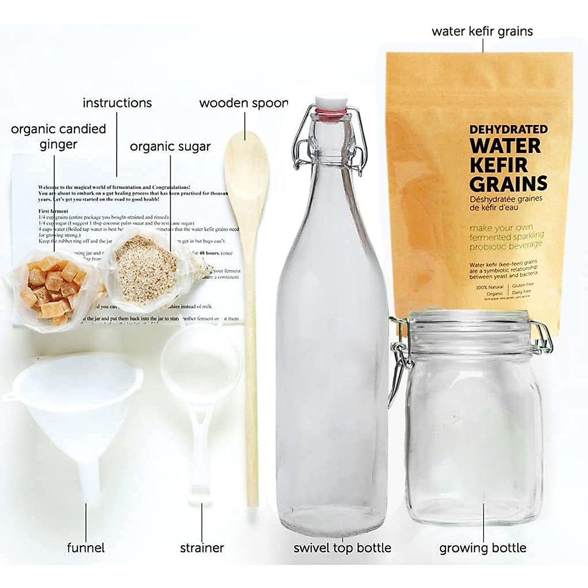 8pc Complete Water Kefir Starter Kit - Water Kefir Supplies Includes All You Need | Water Kefir Grains Grown in Organic Specialty Sugars and Natural Spring Water