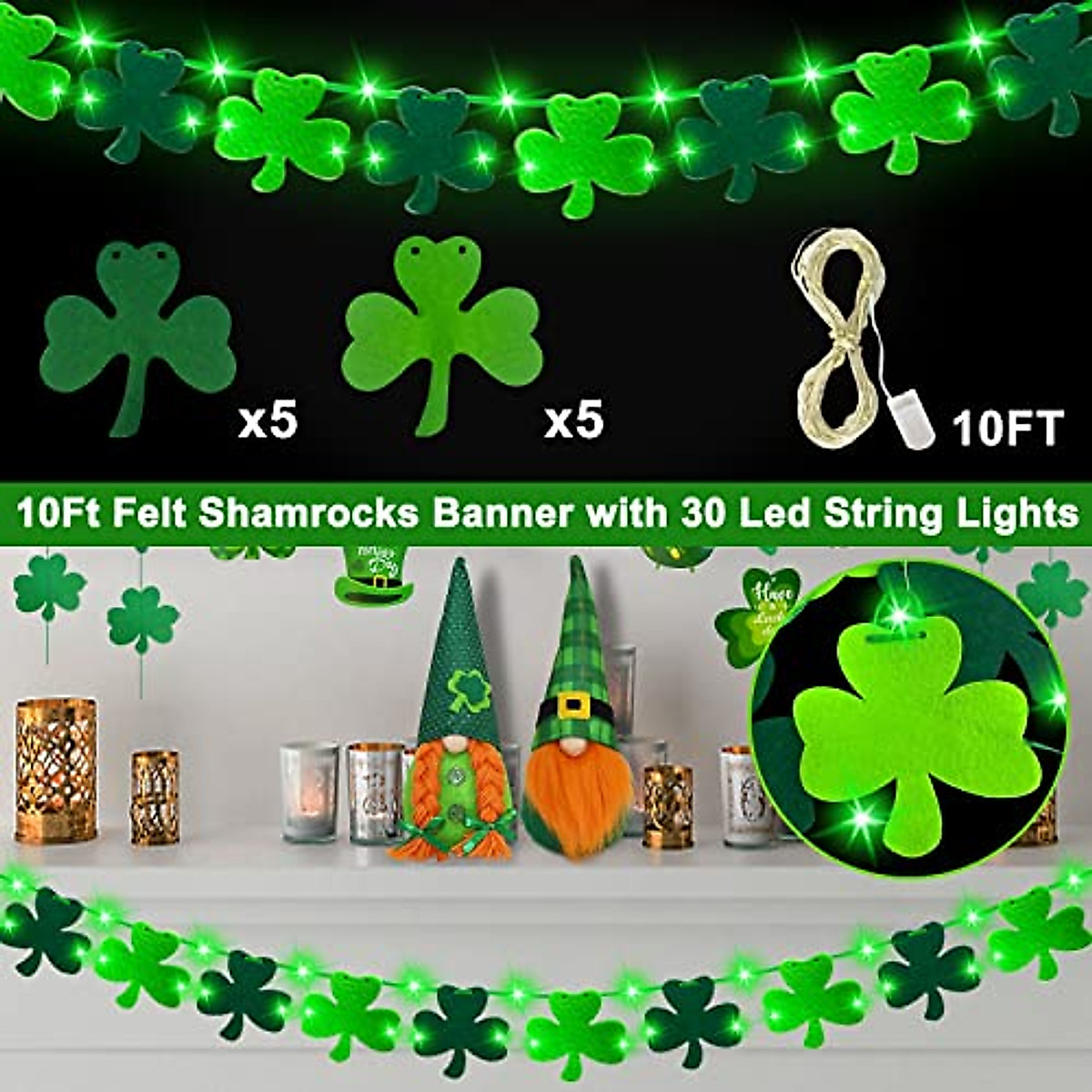 TURNMEON St Patricks Day Decorations for the Home, Shamrocks Garland Lucky Banner with String Lights Green Paper Fans, Leprechaun Hanging Swirls, St.Patrick's Day Party Decor Indoor Irish Supplies