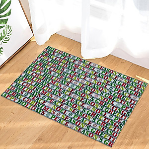 Merry Christmas Doormat Kitchen Bathroom Rug Floor Door Mat, Washable Welcome Entry Way Entrance Mat, Absorbent Hallway Accent Throw Runner Carpet, Red Green Winter Snowflake Stripe 16"x24"