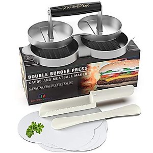 Kitchen RMore Double Burger Press + Kabob Maker + Meatball Shaper + 40 Patty Paper + Recipe EBook | Non-Stick Aluminum Hamburger Press Patty Maker for Perfect Meat Patties, Beyond Burger